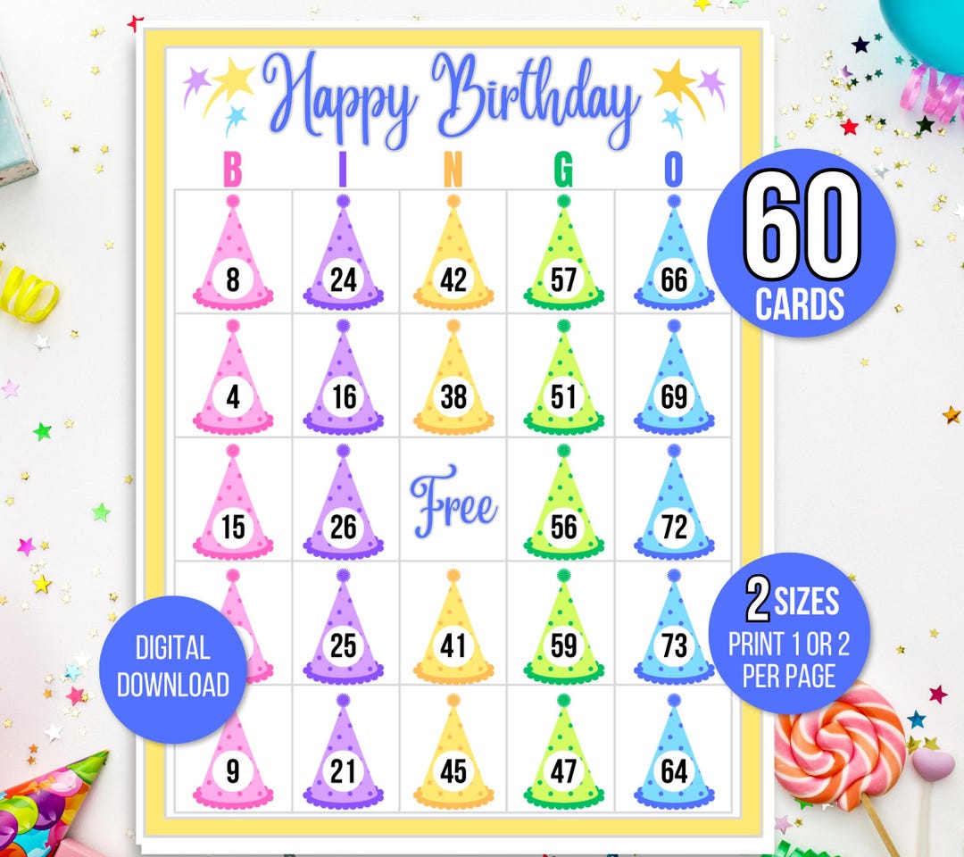 Birthday Bingo, 60 Birthday Bingo Cards, Birthday Party Game, Happy ...