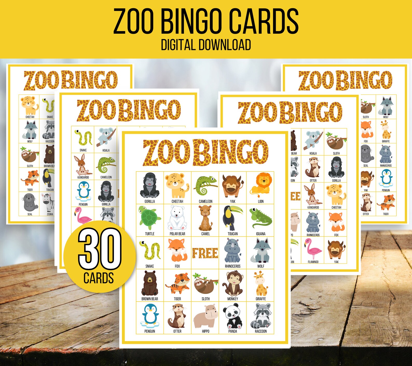 Zoo Bingo, 30 Printable Zoo Bingo Cards, Animal Bingo, Zoo Party Game ...