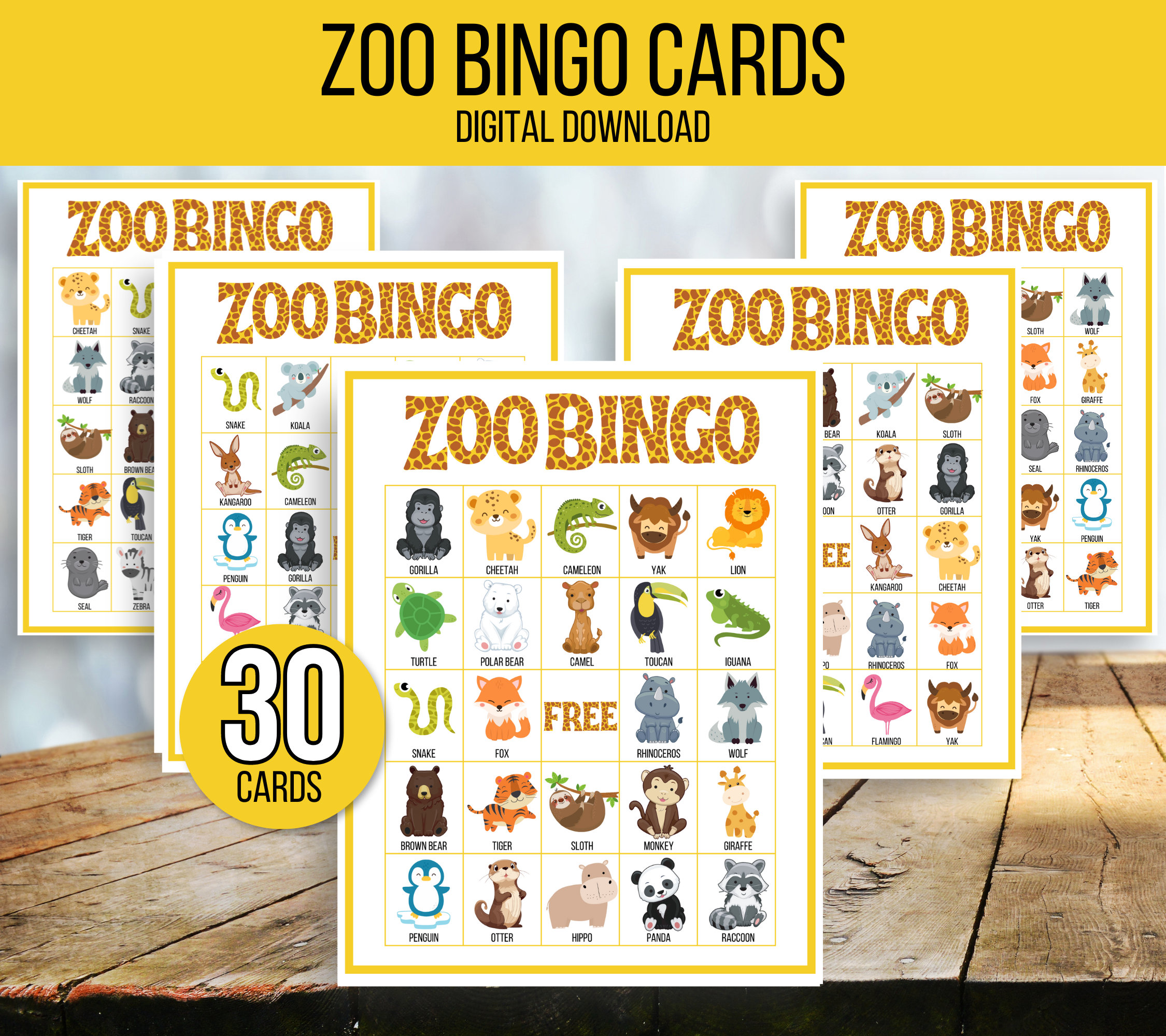 Zoo Bingo, 30 Printable Zoo Bingo Cards, Animal Bingo, Zoo Party Game ...