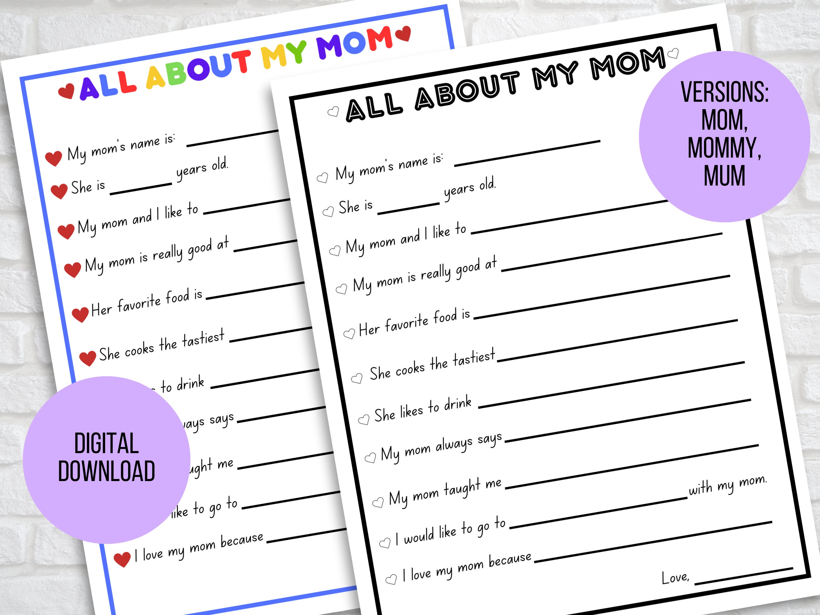 All About My Mom Fill in the Blanks Questionnaire - Etsy