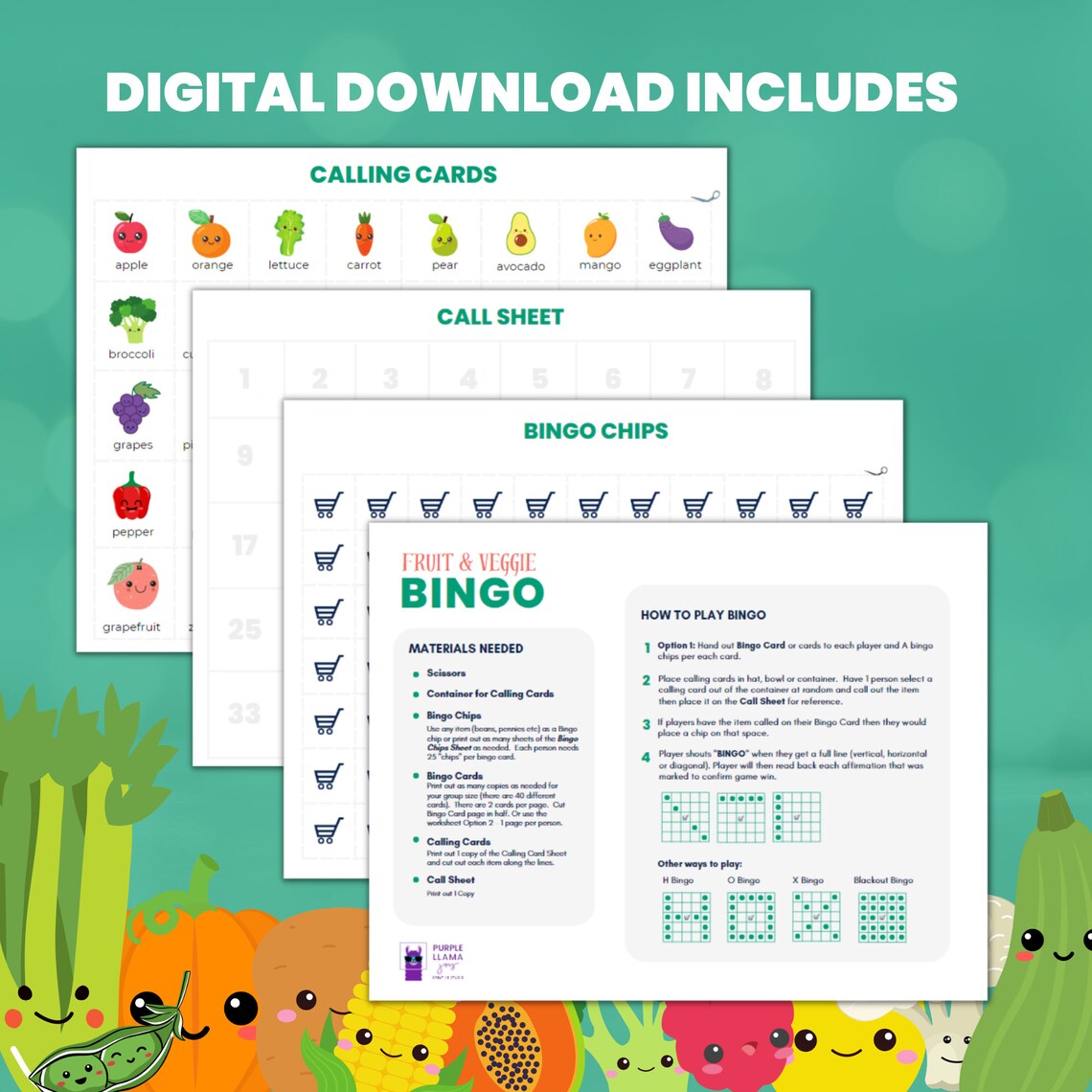Cute Fruit & Veggie Bingo - 40 Unique Cards, Printable Party Games 8.5 ...