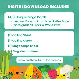 Cute Fruit & Veggie Bingo - 40 Unique Cards, Printable Party Games 8.5 ...