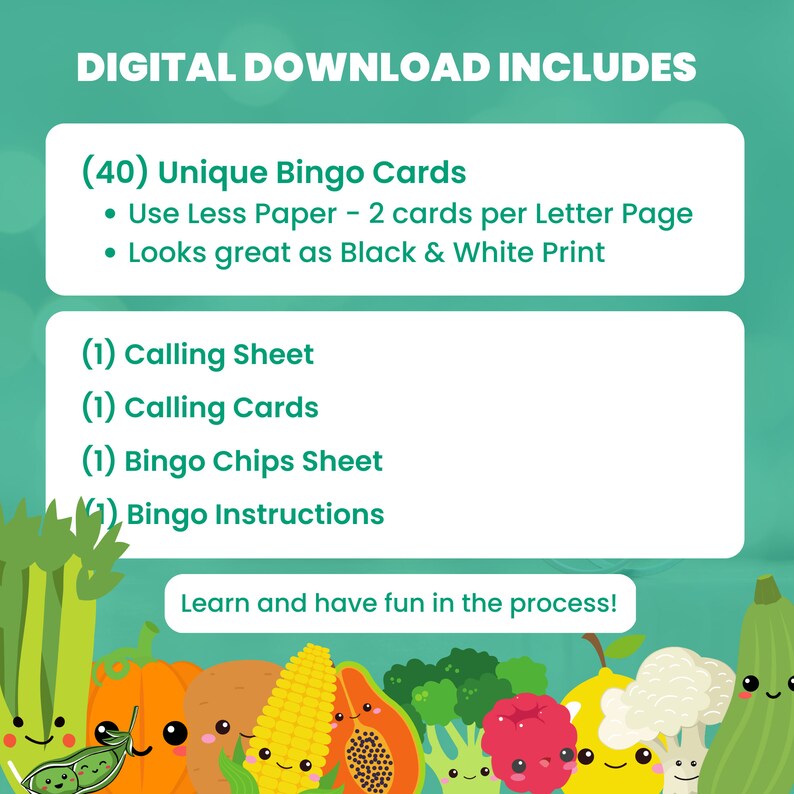 Cute Fruit & Veggie Bingo - 40 Unique Cards, Printable Party Games 8.5 ...