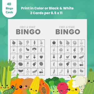 Cute Fruit & Veggie Bingo - 40 Unique Cards, Printable Party Games 8.5 ...