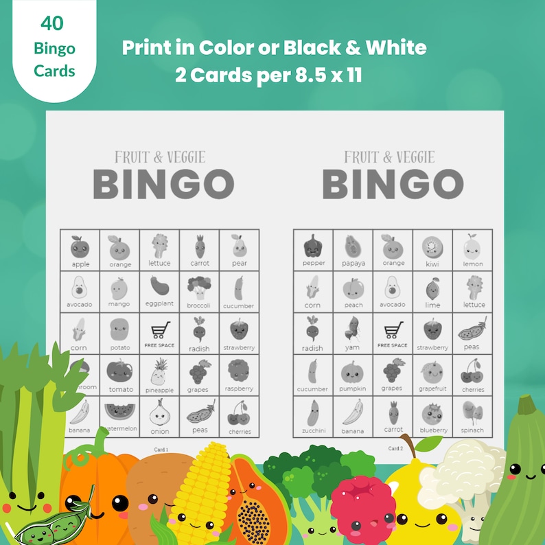 Cute Fruit & Veggie Bingo - 40 Unique Cards, Printable Party Games 8.5 ...
