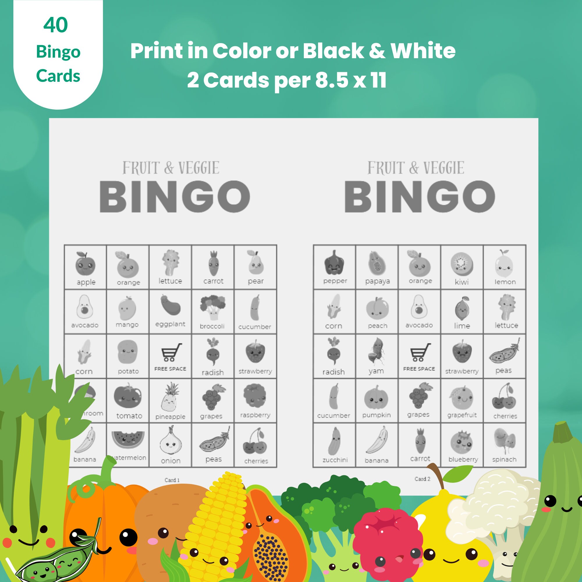 Cute Fruit & Veggie Bingo - 40 Unique Cards, Printable Party Games 8.5 ...