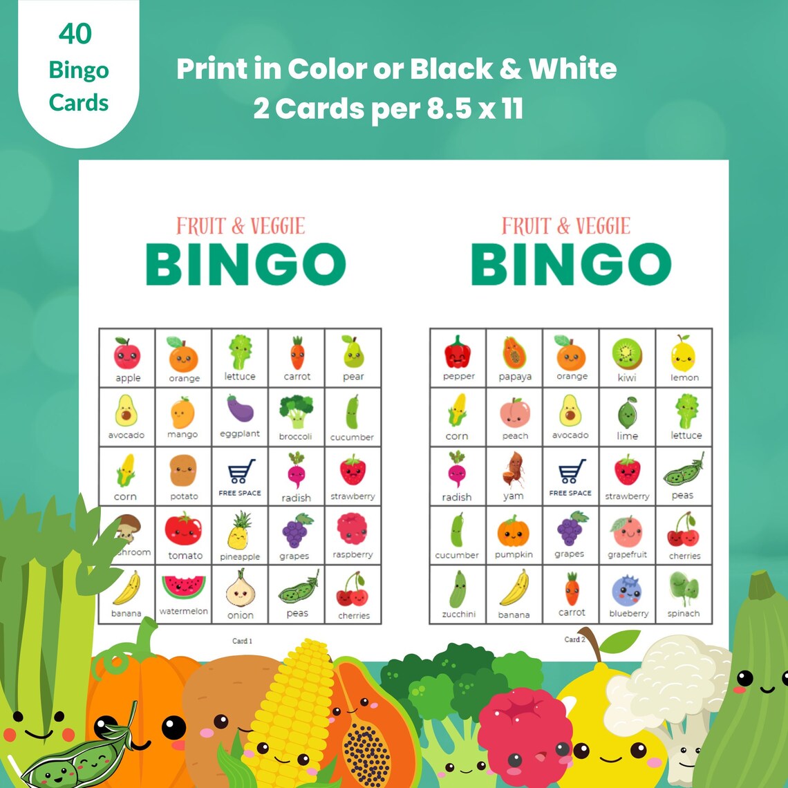 Cute Fruit & Veggie Bingo - 40 Unique Cards, Printable Party Games 8.5 ...