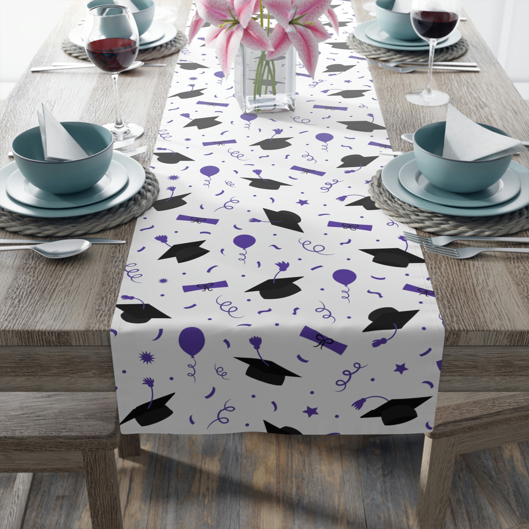 Purple Diploma and Graduation Cap Table Decoration Graduation Table ...