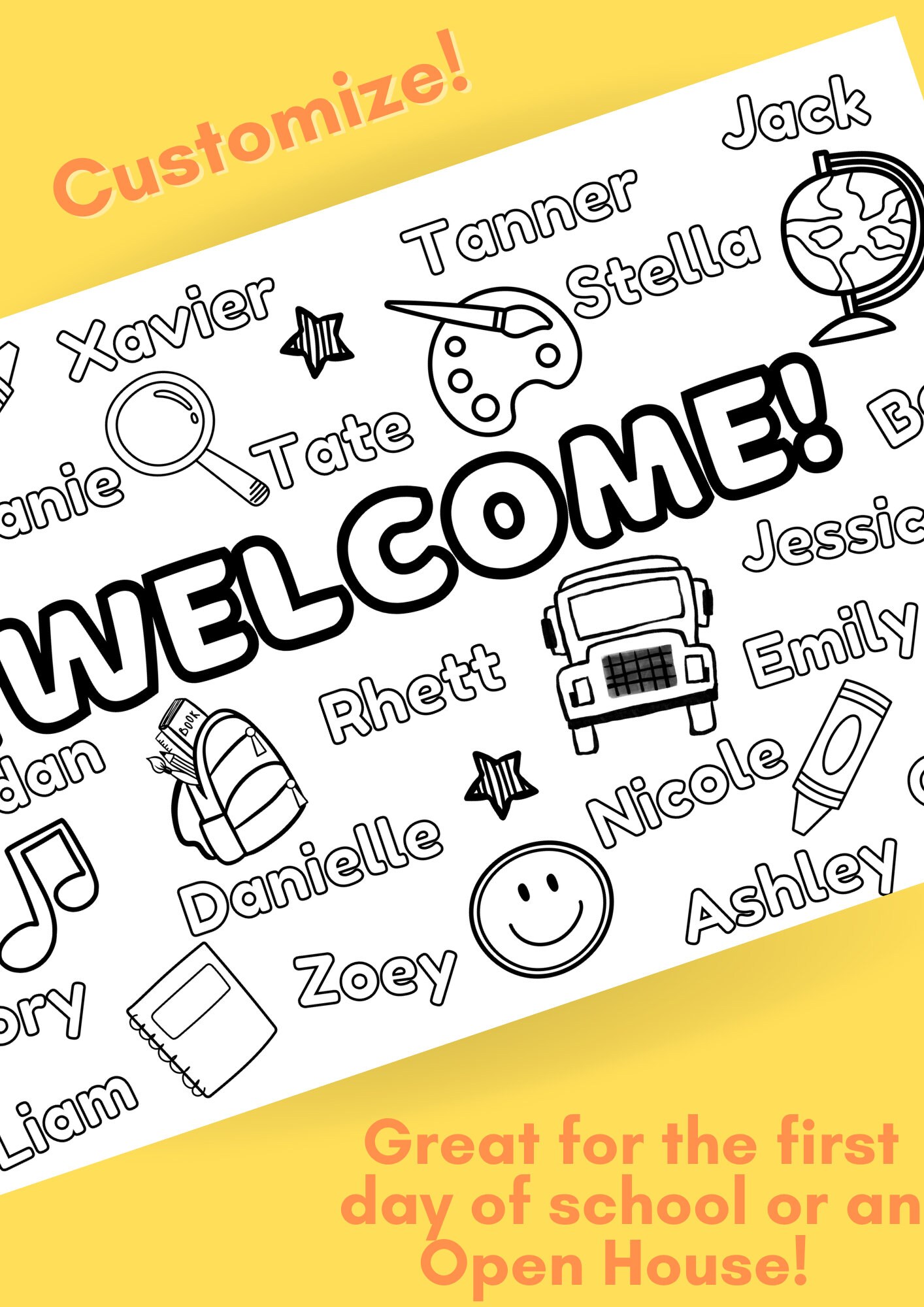 Back to School Large Coloring Poster-customizable Instant Download ...