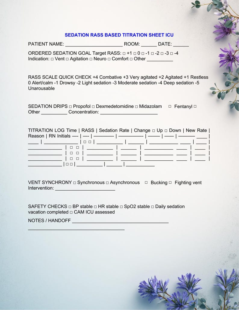 ICU Sedation RASS Based Titration Sheet Printable - Etsy
