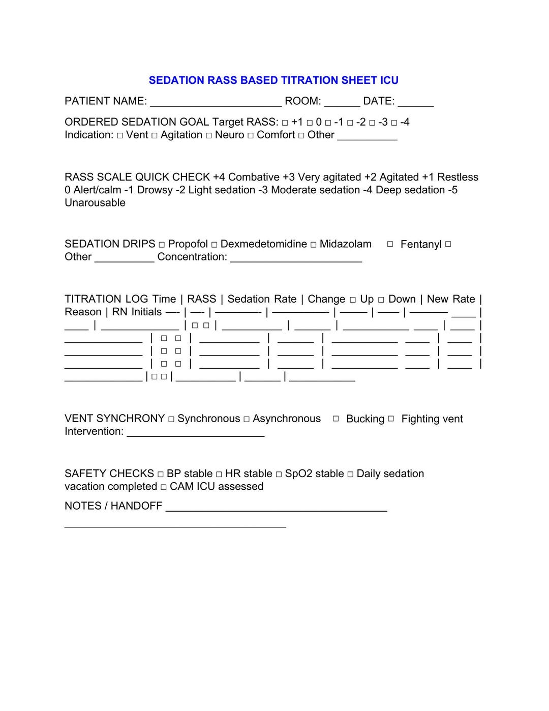 ICU Sedation RASS Based Titration Sheet Printable - Etsy