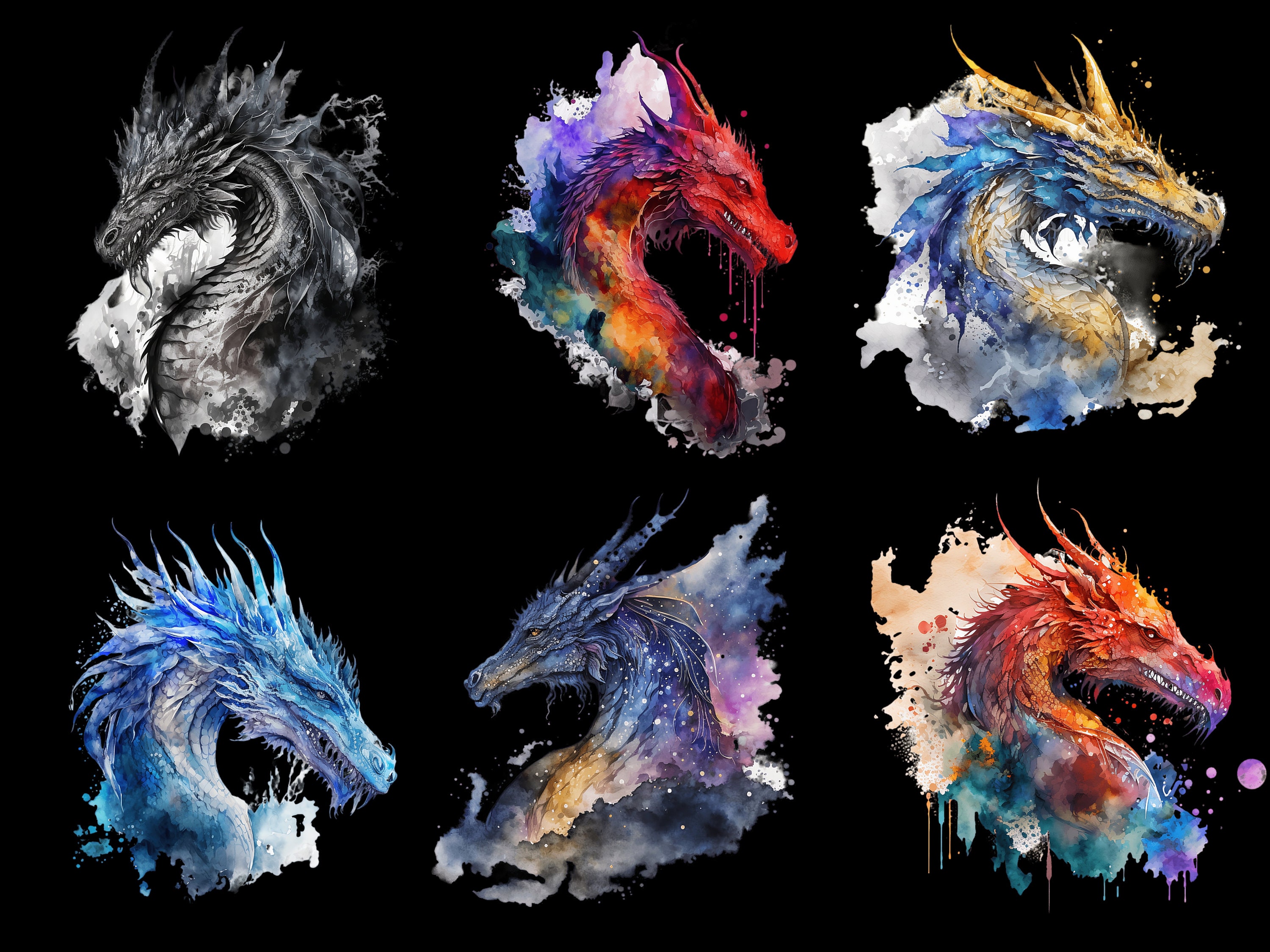 Fantasy Dragon Clipart, Watercolor Dragon Clipart, Mystic Dragons ...