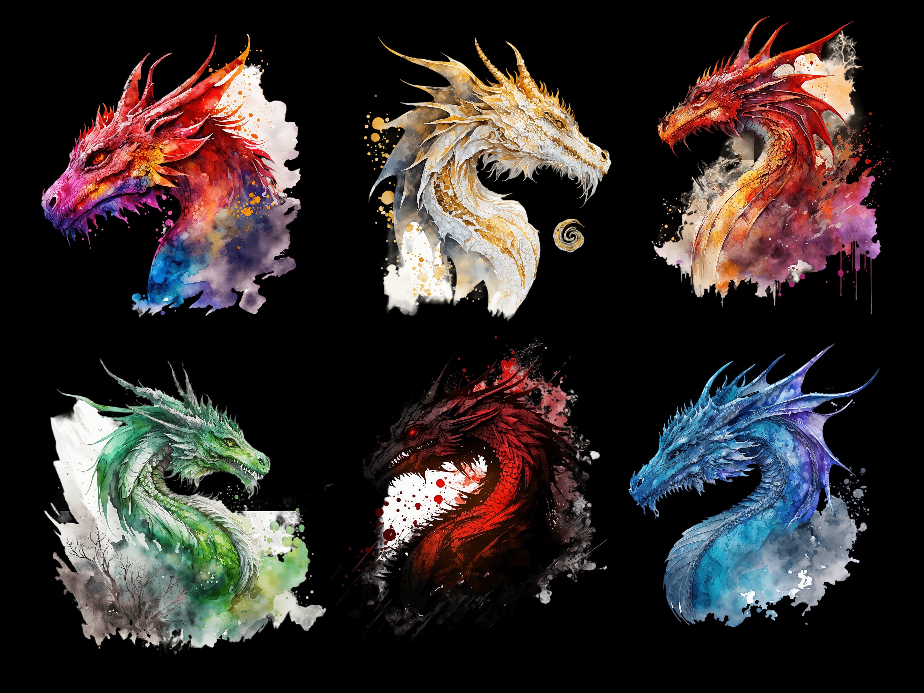 Fantasy Dragon Clipart, Watercolor Dragon Clipart, Mystic Dragons ...
