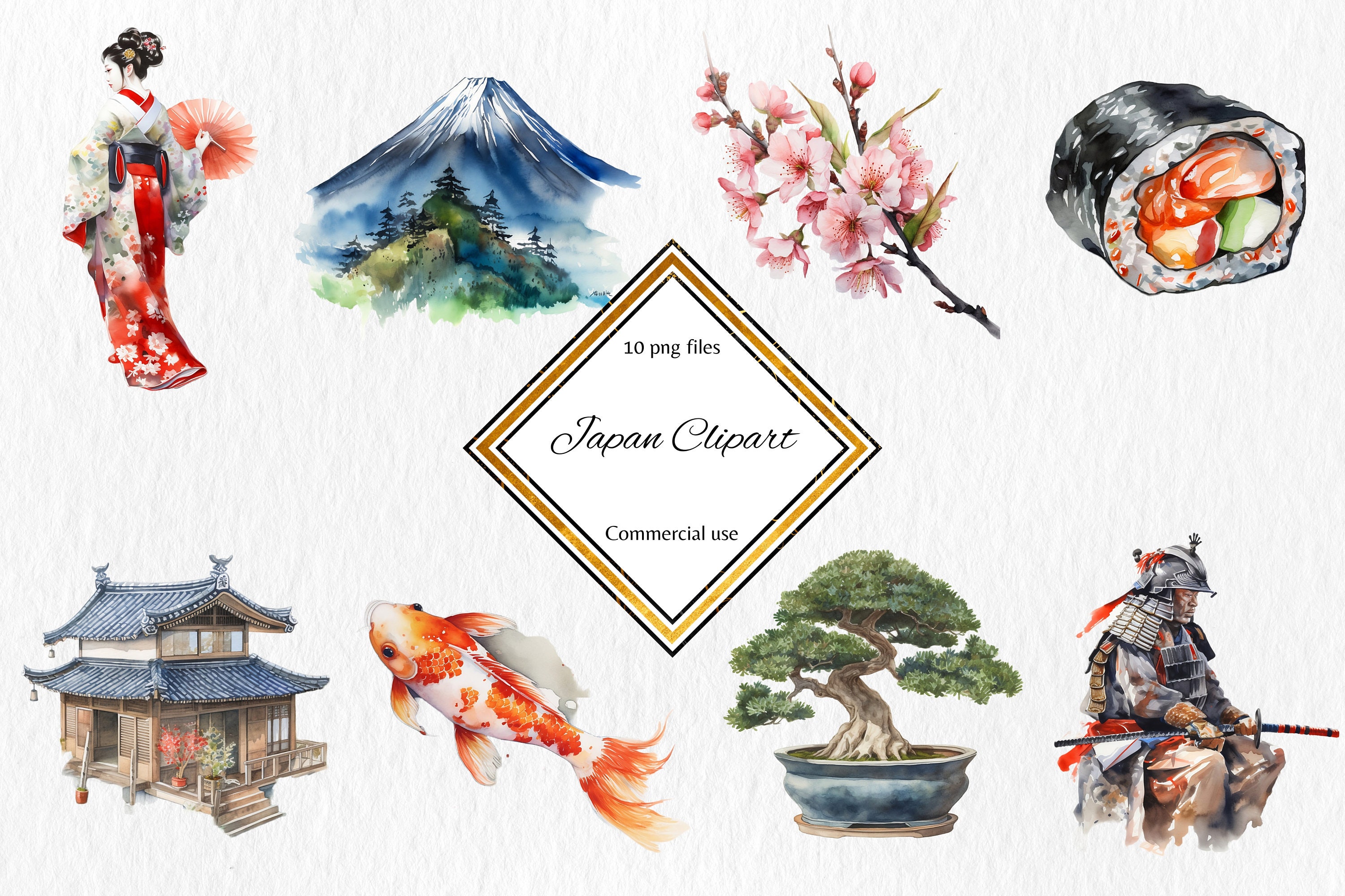 Japan Clipart Bundle, Gouache Bonsai Clipart, Watercolor Geisha Art ...
