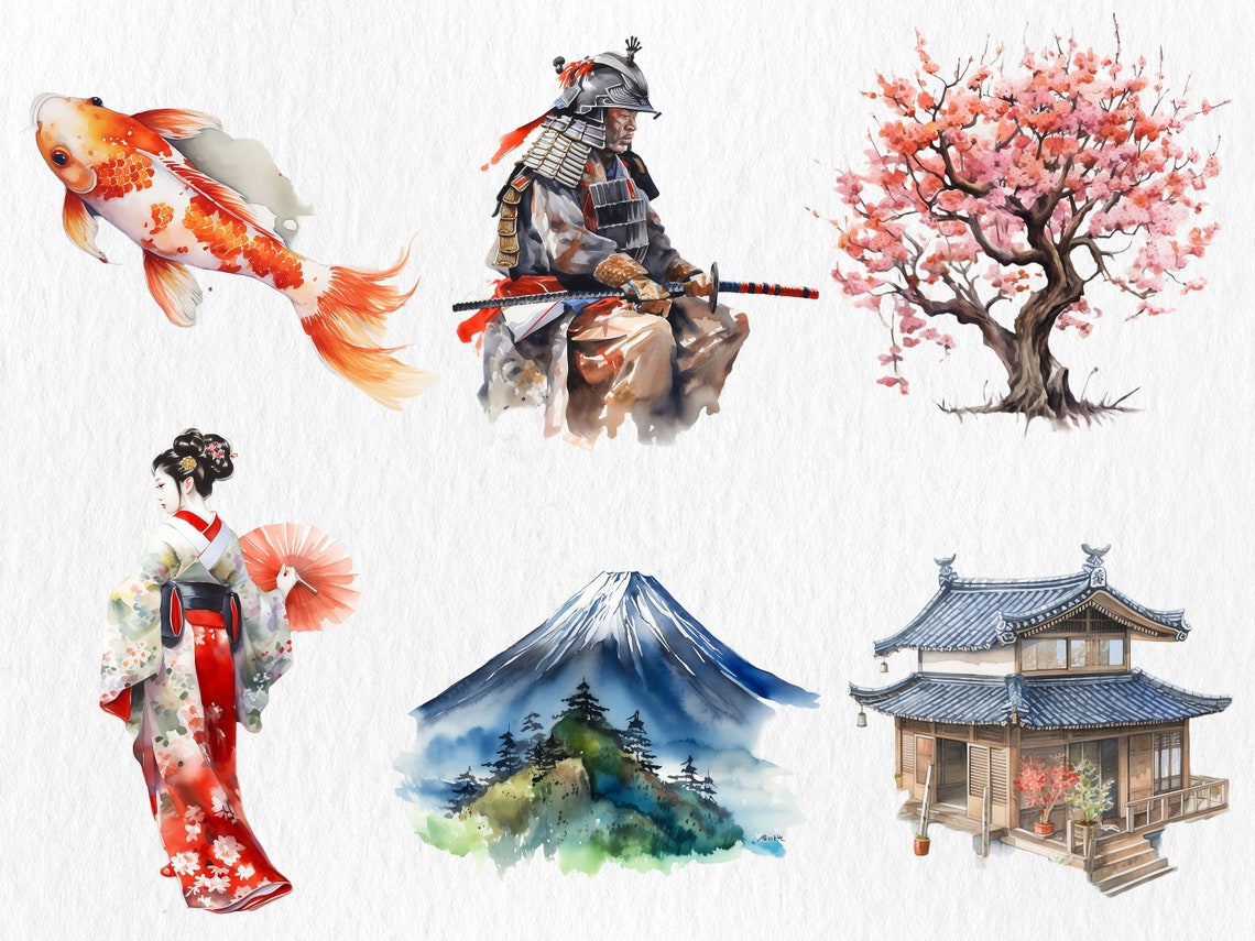 Japan Clipart Bundle, Gouache Bonsai Clipart, Watercolor Geisha Art ...