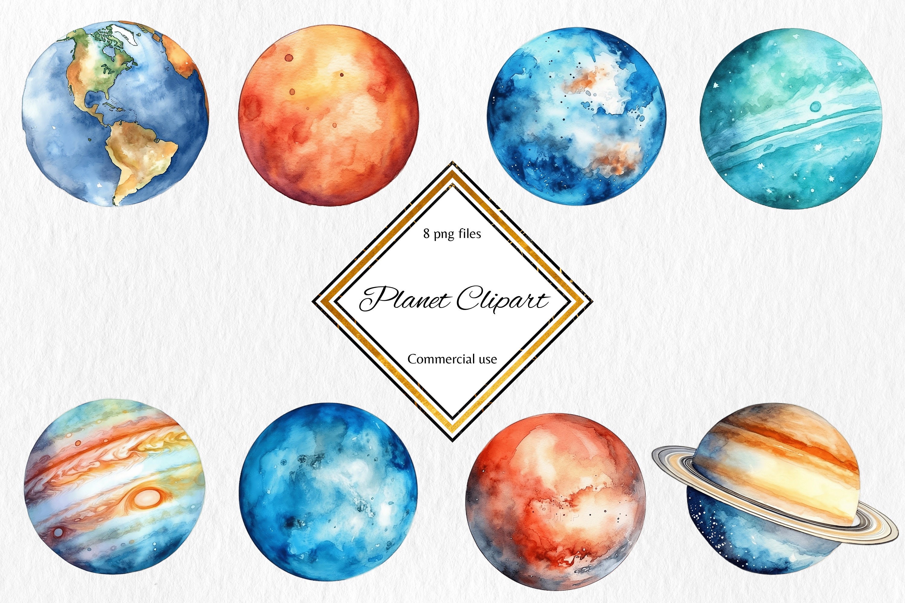 Planet Clipart Bundle, Gouache Planet Art, Earth Clipart, Mars Planet ...