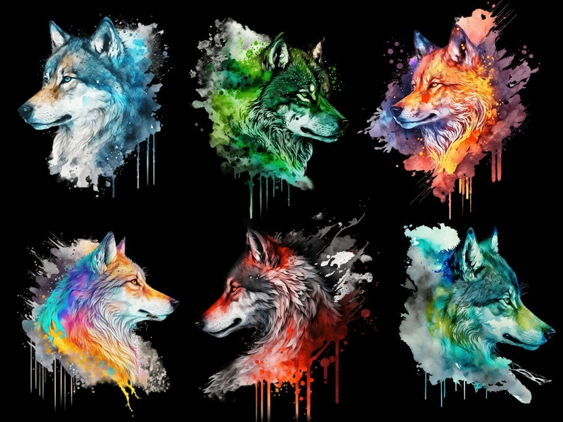 Fantasy Wolves Clipart, Watercolor Wolves Clipart Bundle, Wolf Png ...