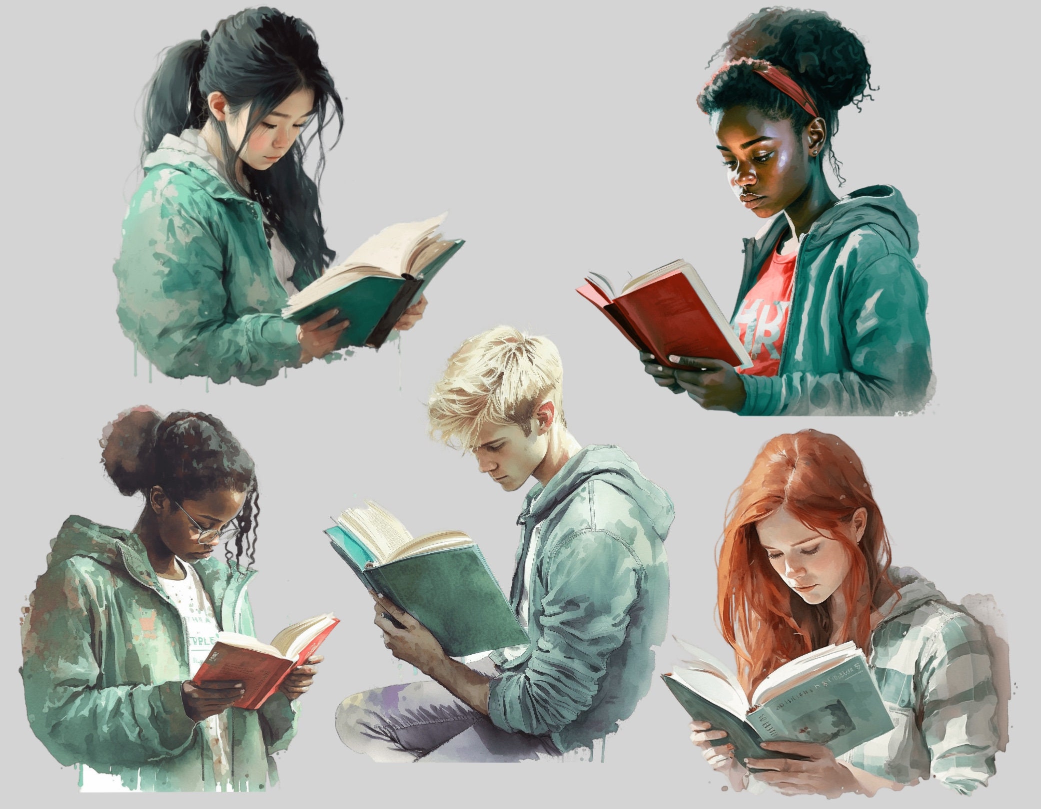 Teenager Reading Clipart, Books Clip Art, Watercolor Books Png, Reading ...