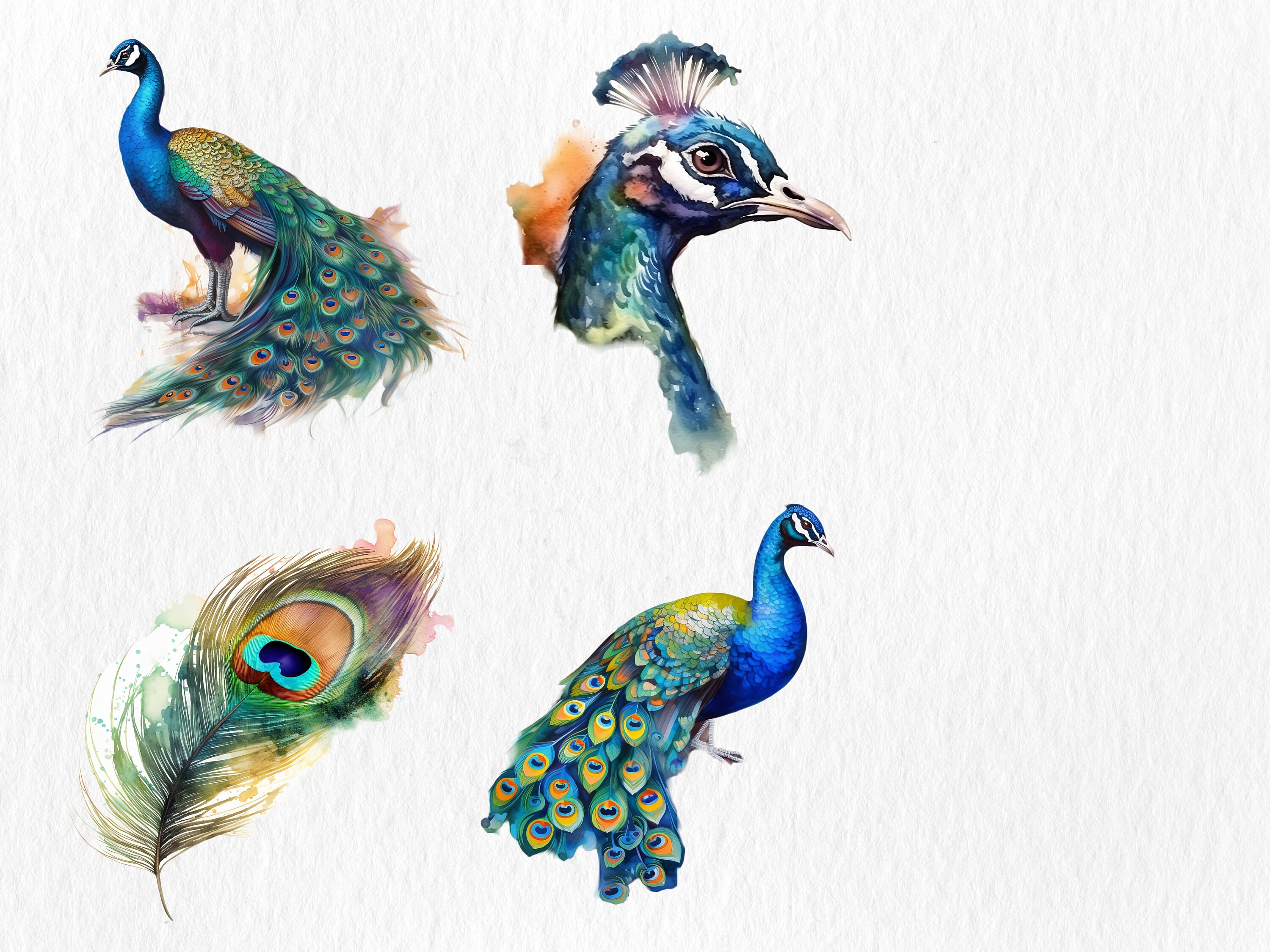 Peacock Clipart Bundle, Watercolor Peacock Clipart, Gouache Peacock Art ...