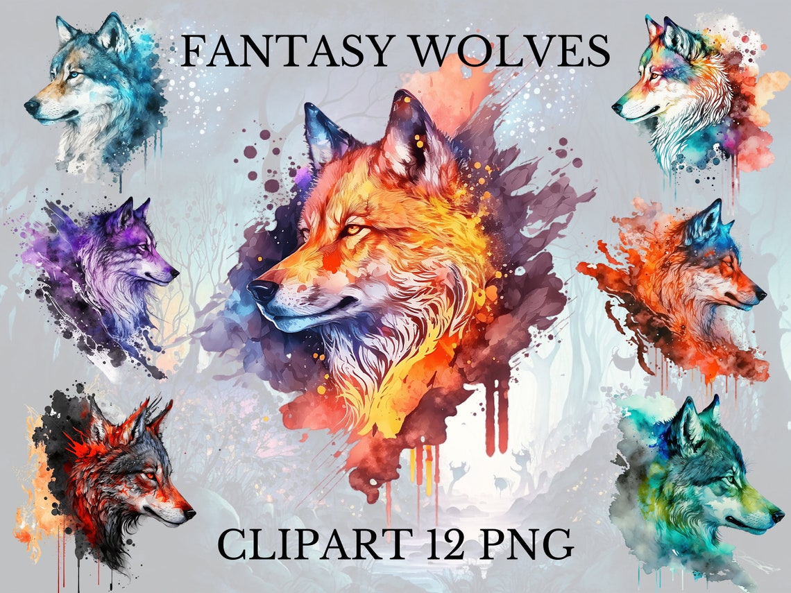 Fantasy Wolves Clipart, Watercolor Wolves Clipart Bundle, Wolf Png ...