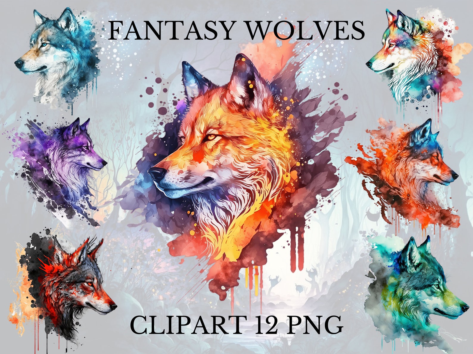 Fantasy Wolves Clipart, Watercolor Wolves Clipart Bundle, Wolf Png ...