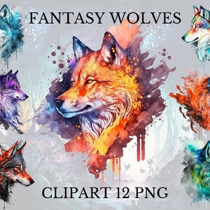 Fantasy Wolves Clipart, Watercolor Wolves Clipart Bundle, Wolf Png ...