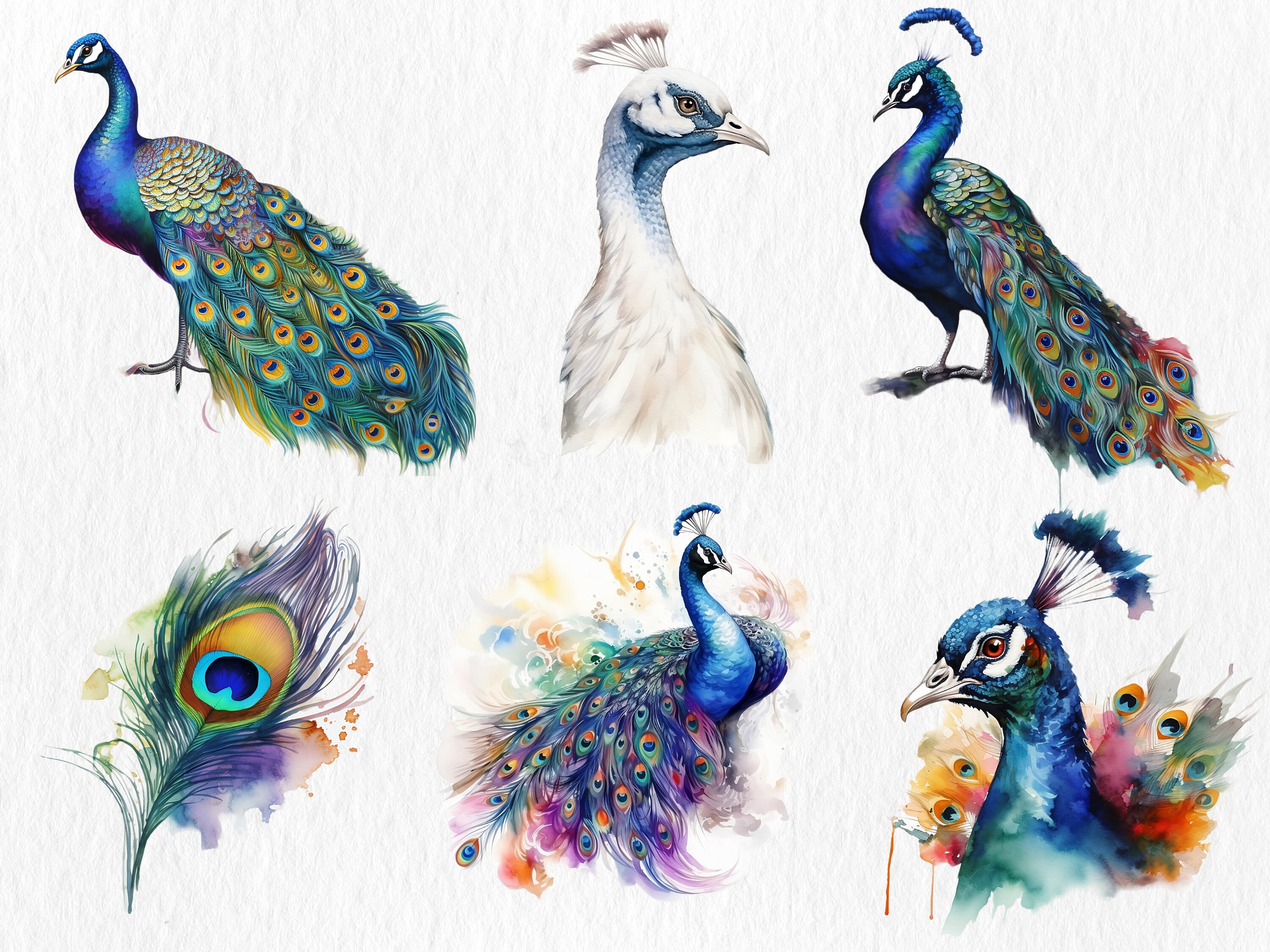 Peacock Clipart Bundle, Watercolor Peacock Clipart, Gouache Peacock Art ...