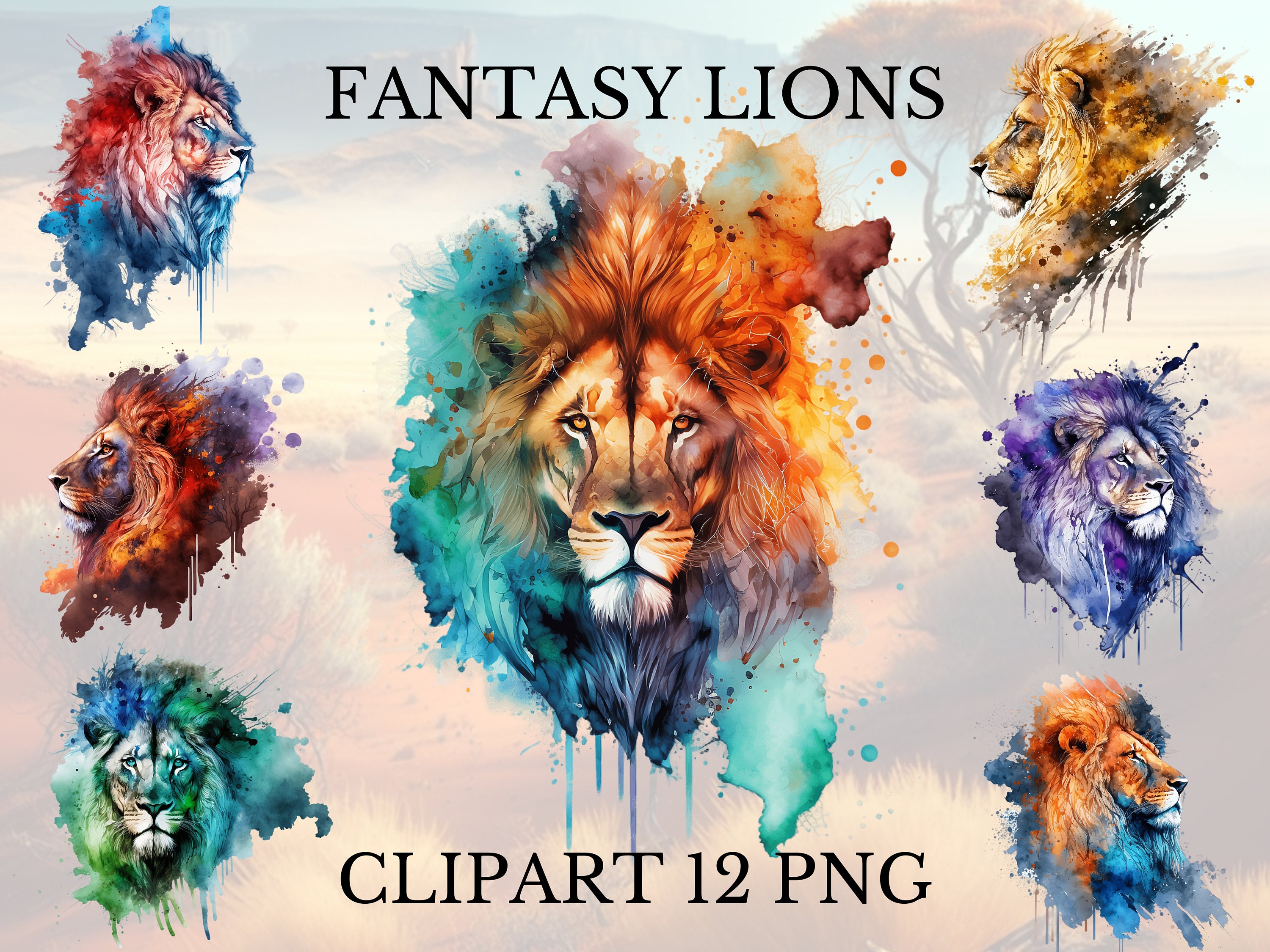 Fantasy Lions Clipart, Watercolor Lion Clipart Bundle, Commercial Use ...