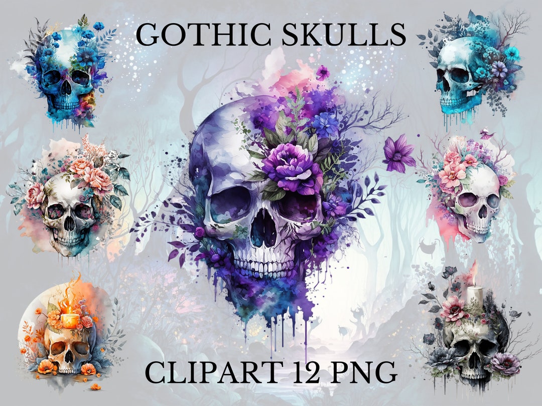 Gothic Skulls Clipart, Watercolor Skull Clipart Set, Skulls and Roses ...