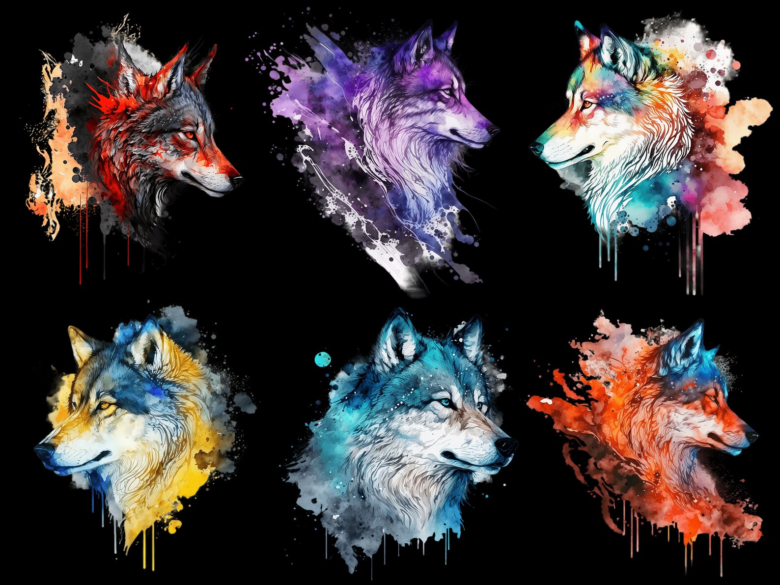 Fantasy Wolves Clipart, Watercolor Wolves Clipart Bundle, Wolf Png ...