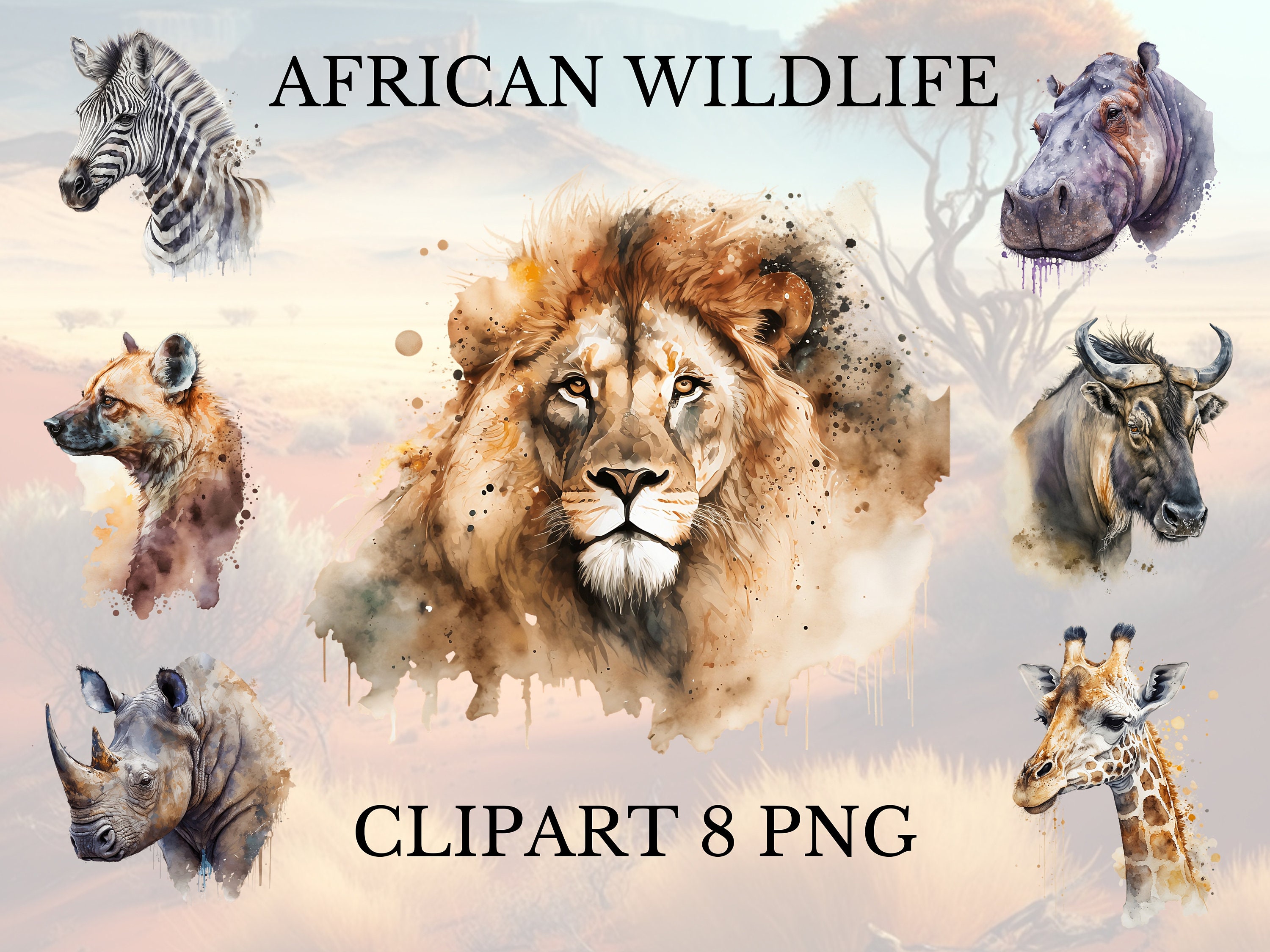 Wildlife Clipart, African Animals Clipart Set, Lion Png, Giraffe ...
