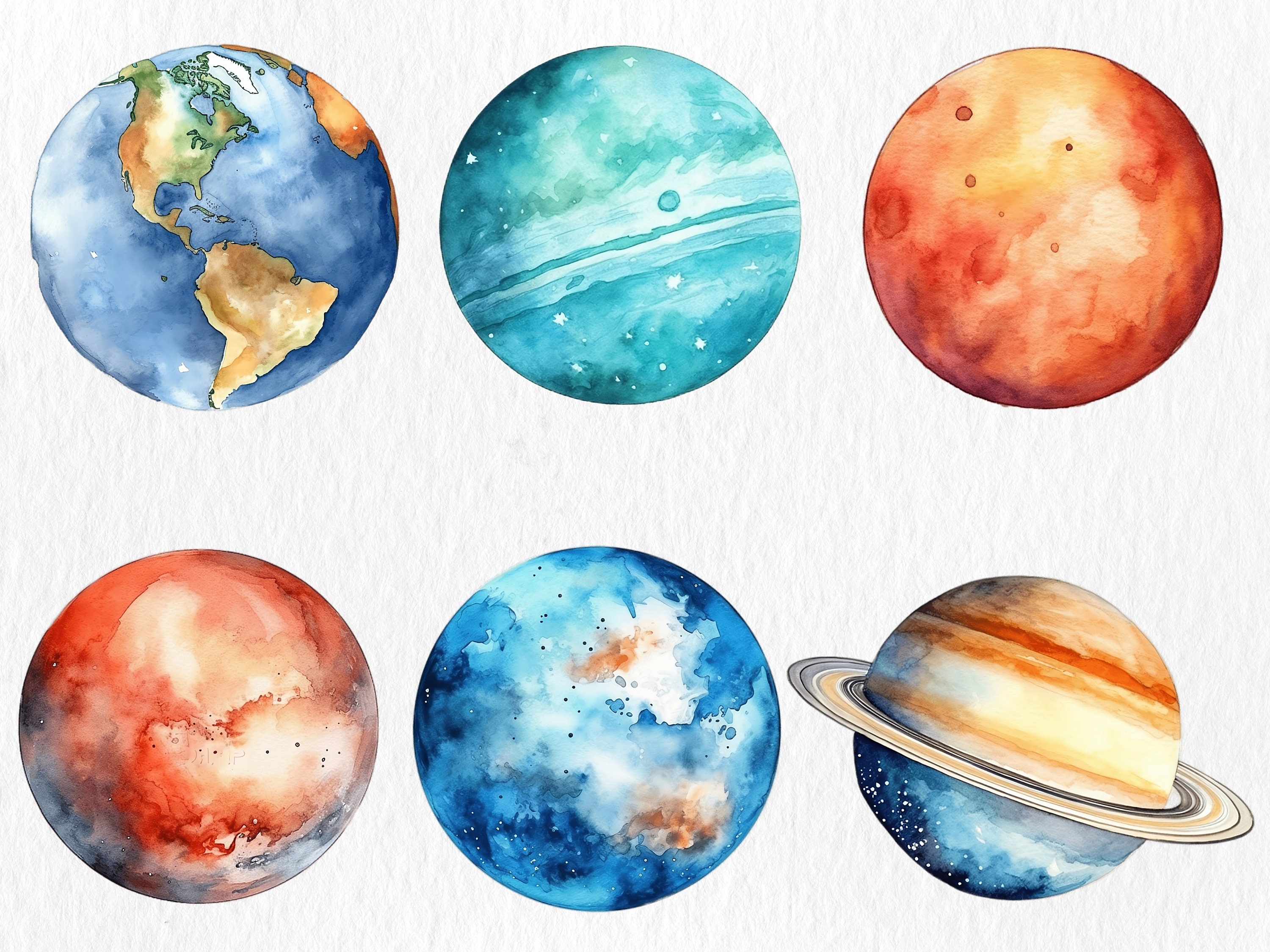 Planet Clipart Bundle, Gouache Planet Art, Earth Clipart, Mars Planet ...