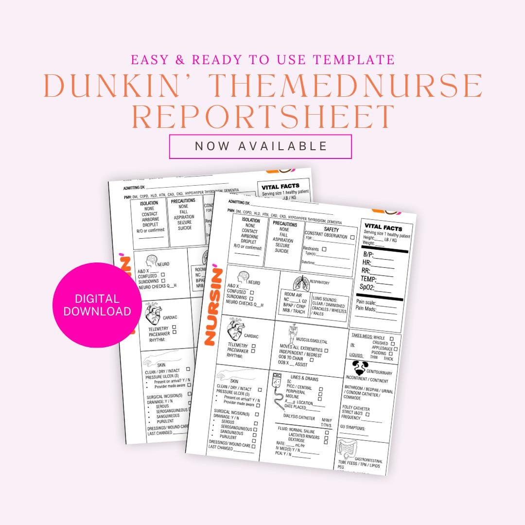 Dunkin' Donuts Themed Nurse Report Sheet Printable PDF |med-surg Sheet ...