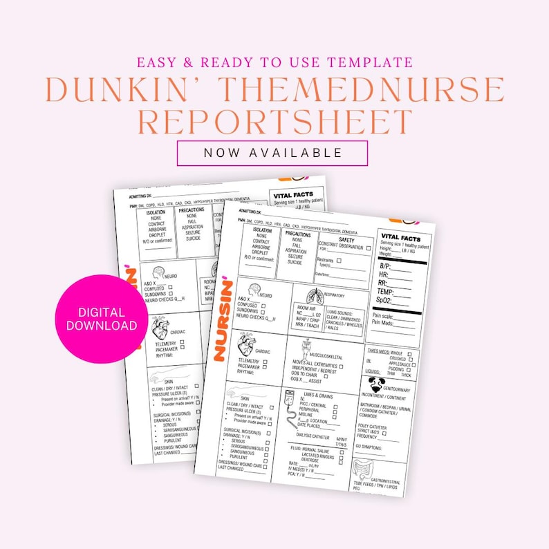 Dunkin' Donuts Themed Nurse Report Sheet Printable PDF |med-surg Sheet ...