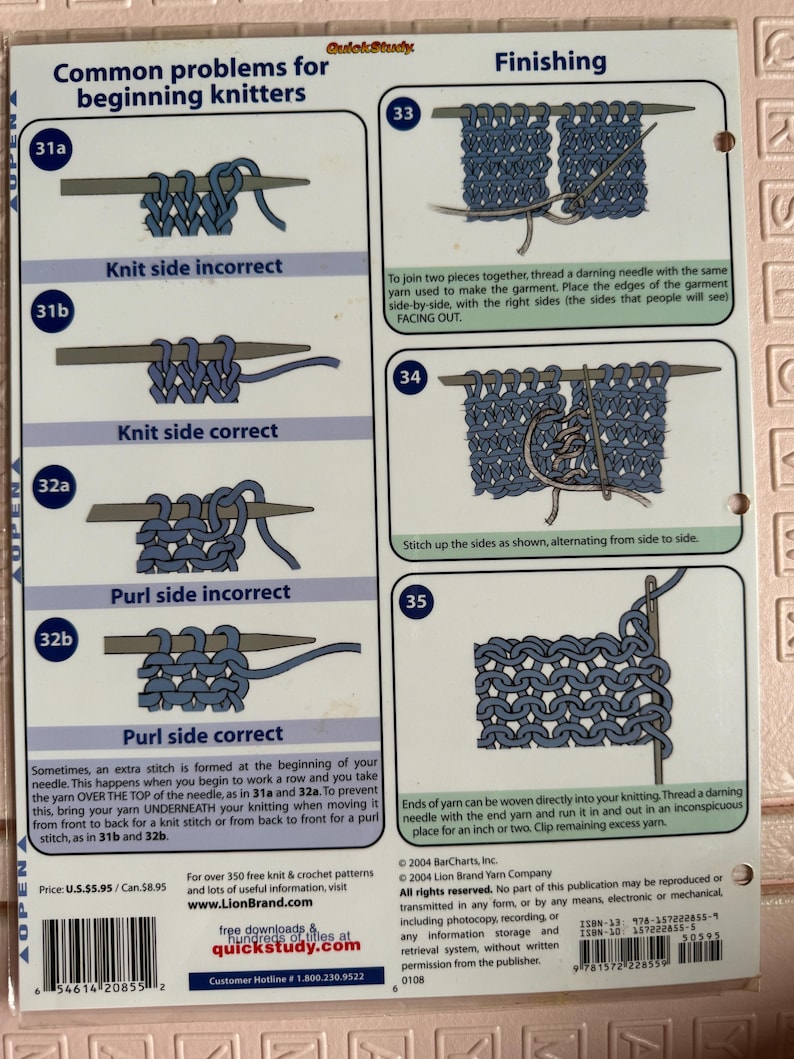 Quick Study Reference Guide-learning to Knit 654614208552 - Etsy