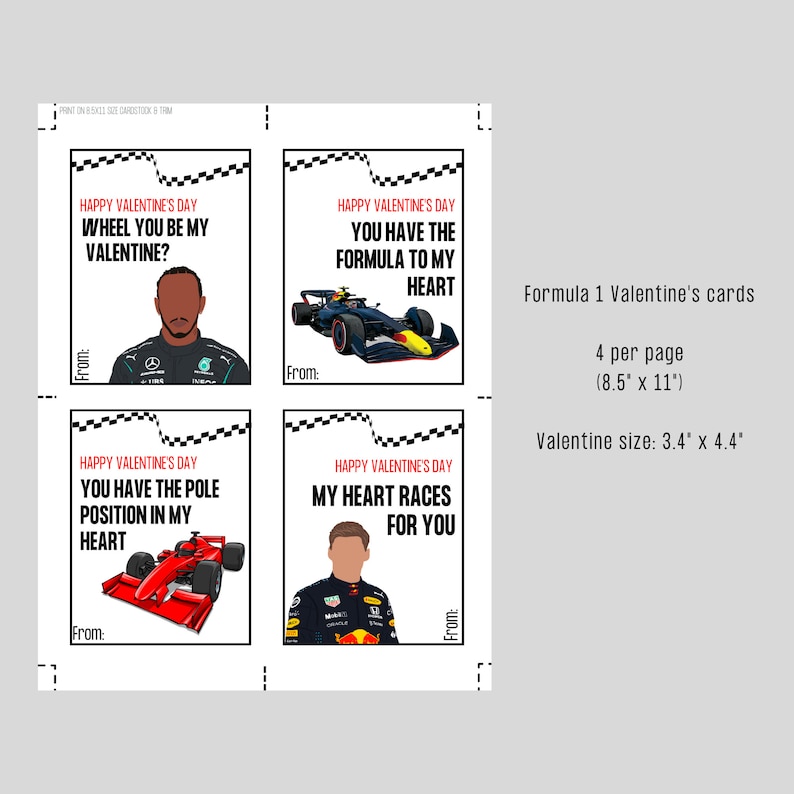 Formula 1 Valentines | Digital Download | Set of 4 Printable Valentines ...