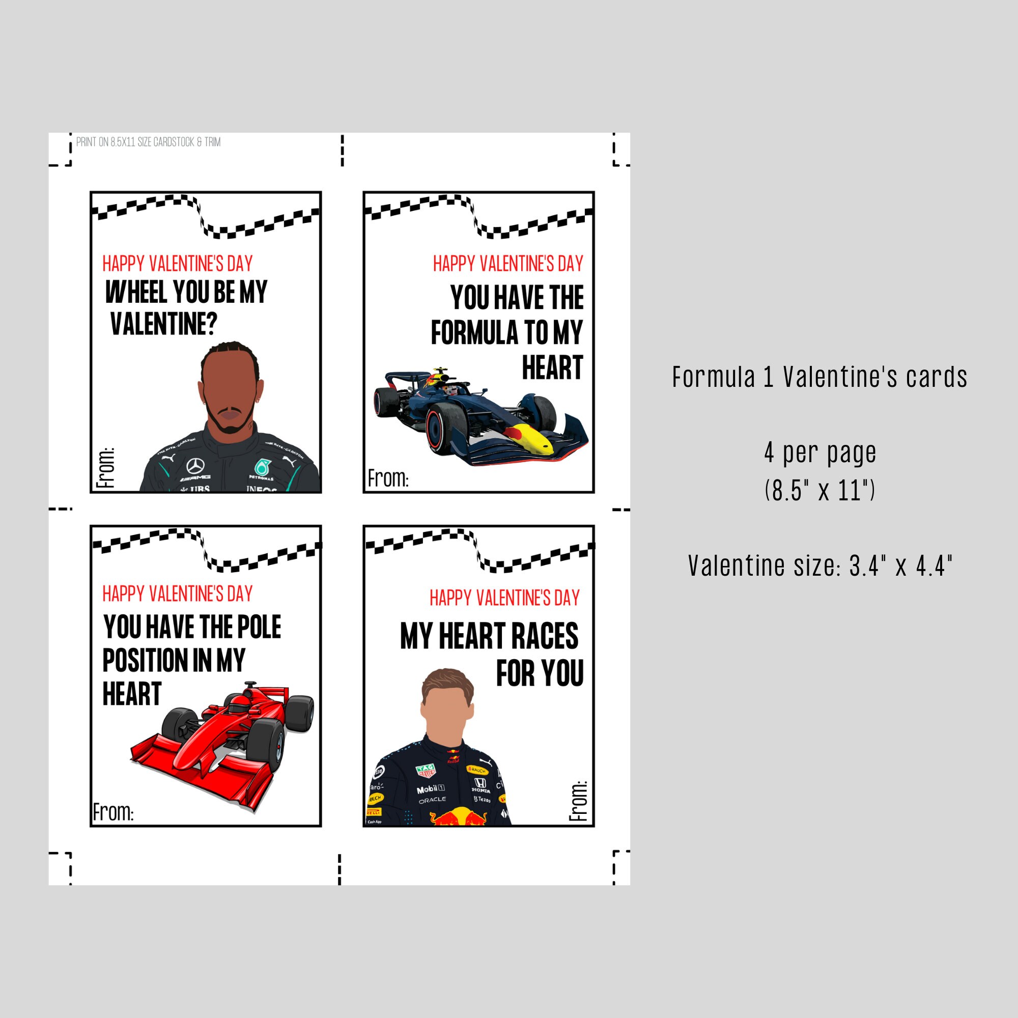 Formula 1 Valentines | Digital Download | Set of 4 Printable Valentines ...