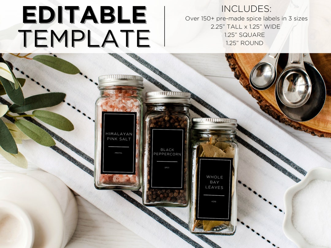 Black Spice Jar Label Template, Canva Template, Editable Spice Labels ...