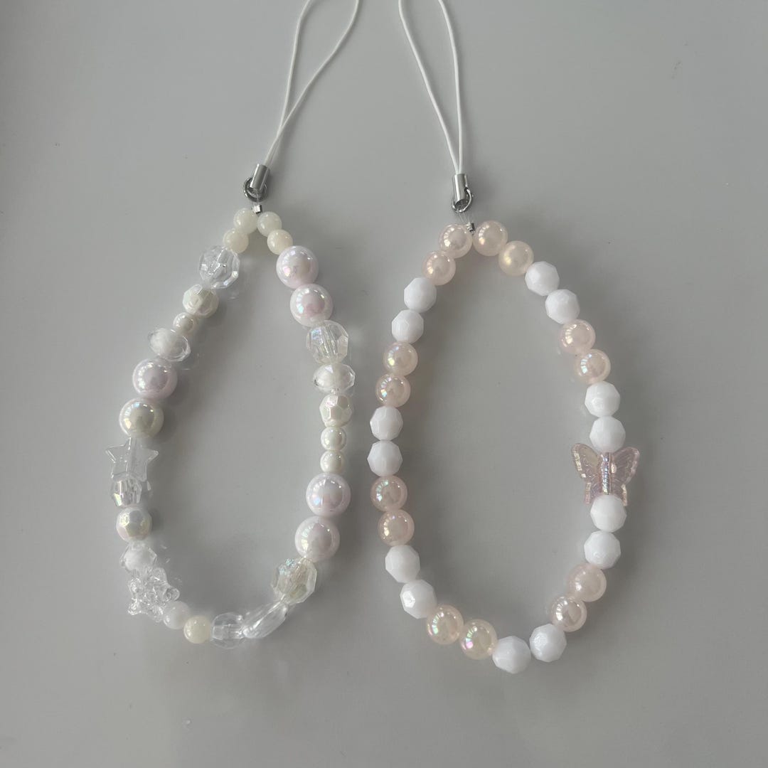 Simple Pink and White Beaded Phone Charms Digi Cam Strap Aesthetic ...
