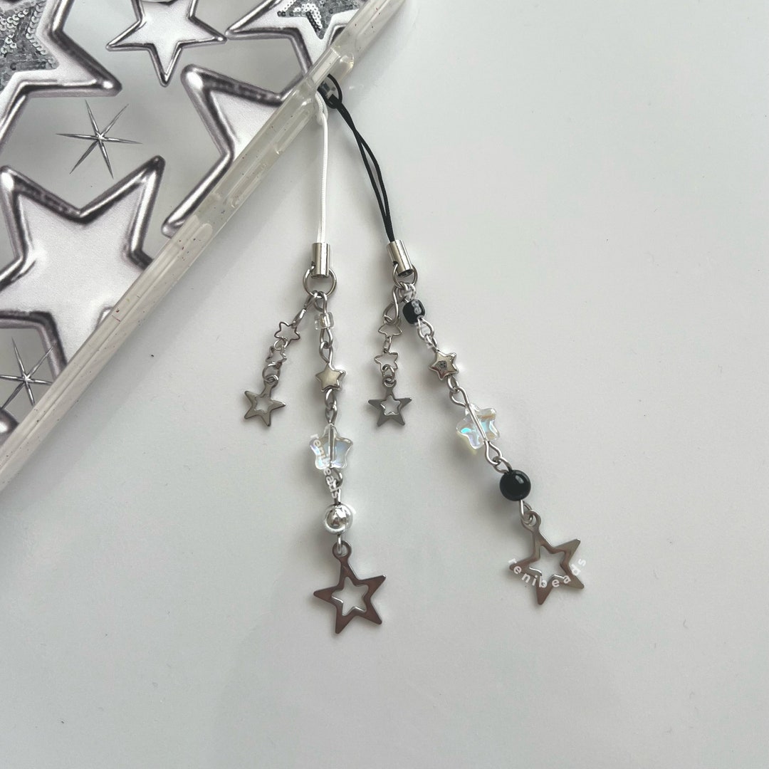 Star Phone Charm Y2k Silver Beaded Keychain Chrome Dainty Cyber Grunge ...