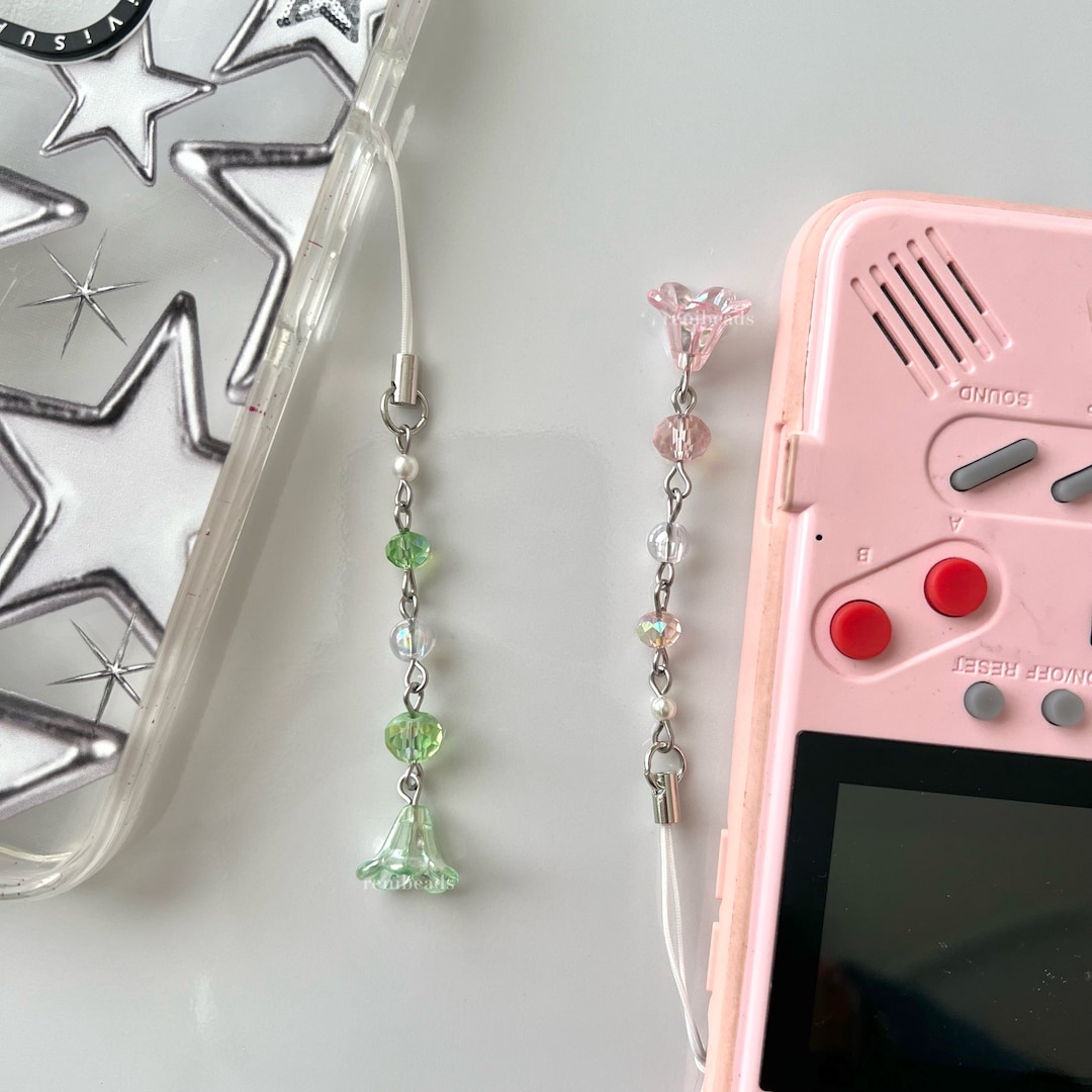 Flower Phone Charms Green and Pink Aesthetic Handmade Beaded Keychain ...
