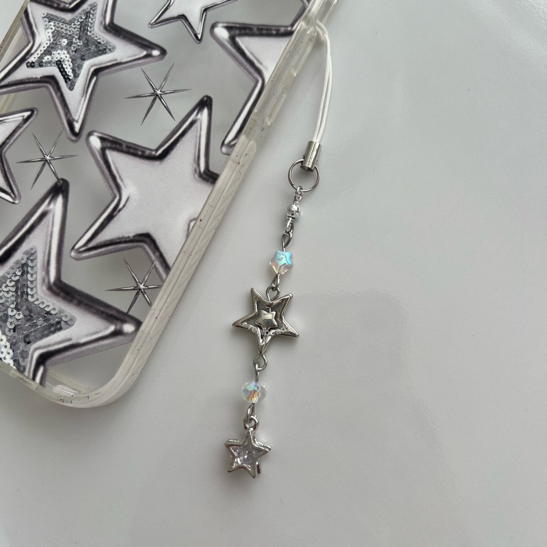 Star Phone Charm Handmade Beaded Silver Keychain Cyber Core Y2K Phone ...