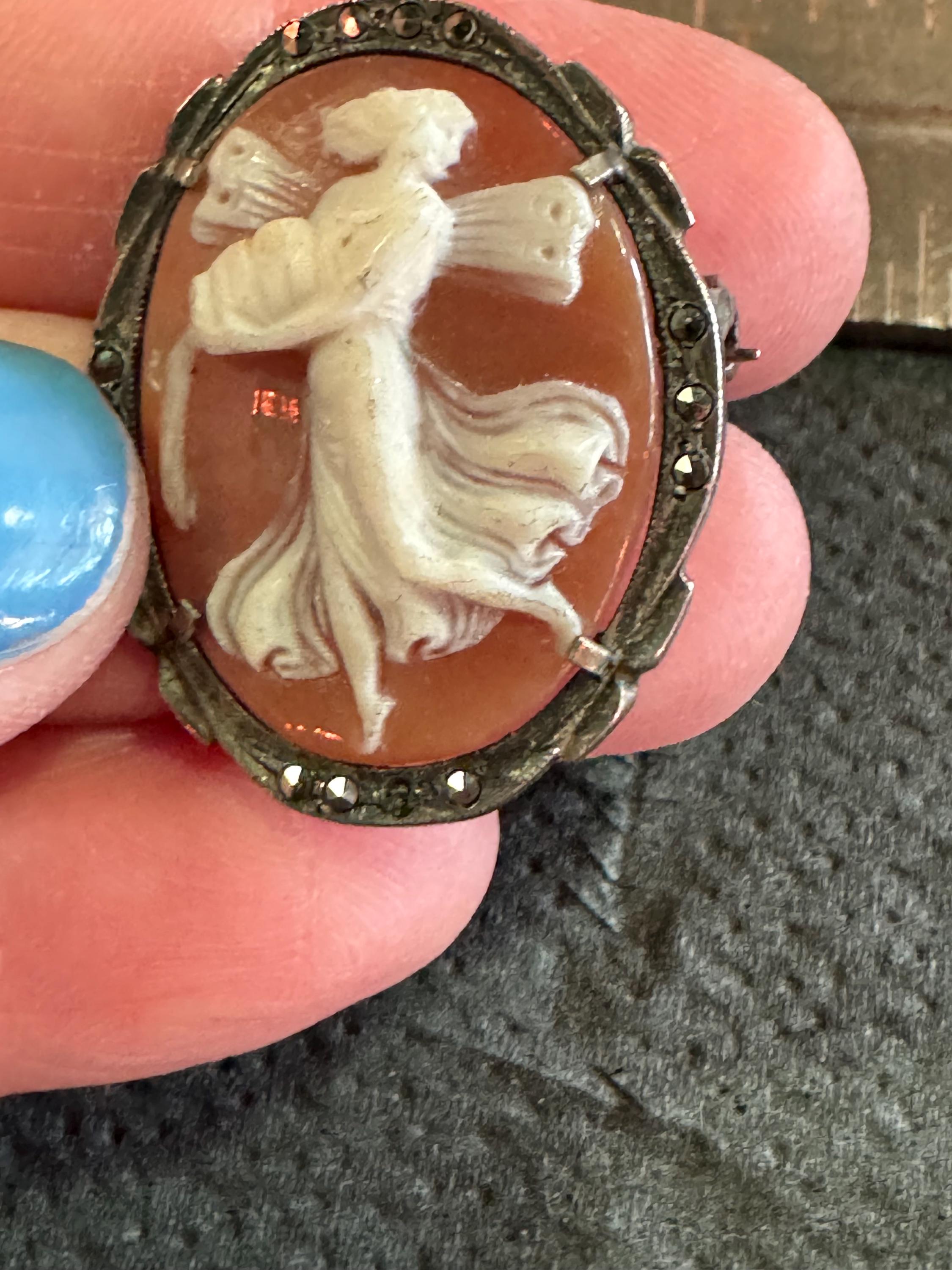 Vintage C.1940s 800 Silver Shell Cameo, Marcasite, Pendant, Pin, Brooch ...