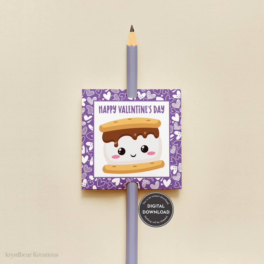 S'mores Valentine Pencil Tags Printable, 3 Inch Square Tags, Classroom ...