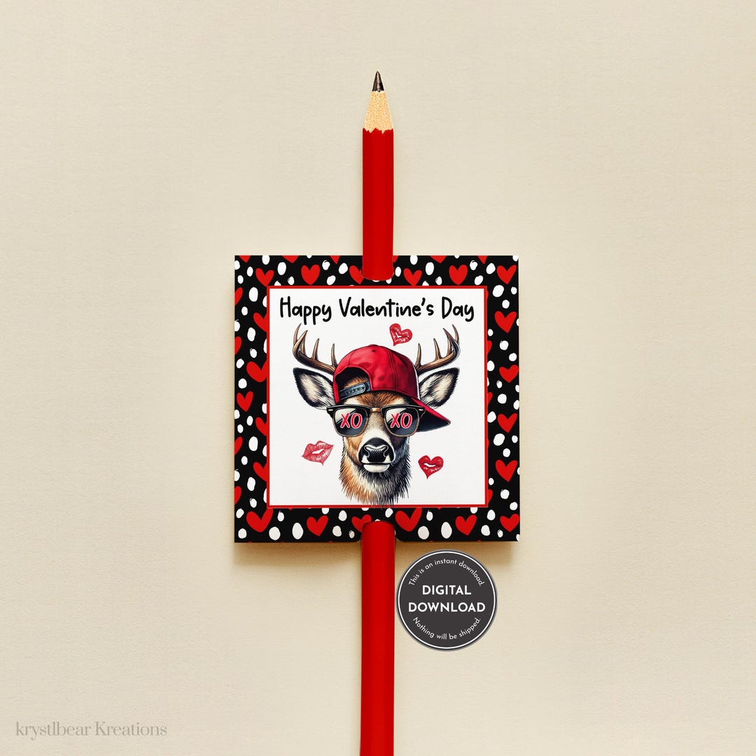 Deer Valentine Pencil Tags Printable, 3 Inch Square Tags, Classroom ...