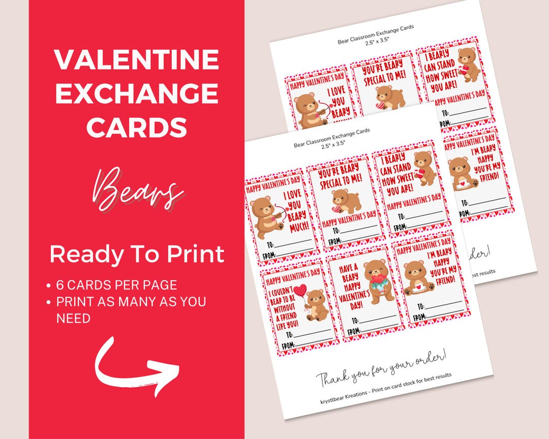Bears Valentine Exchange Cards for Kids Classroom | Cute Bear ...