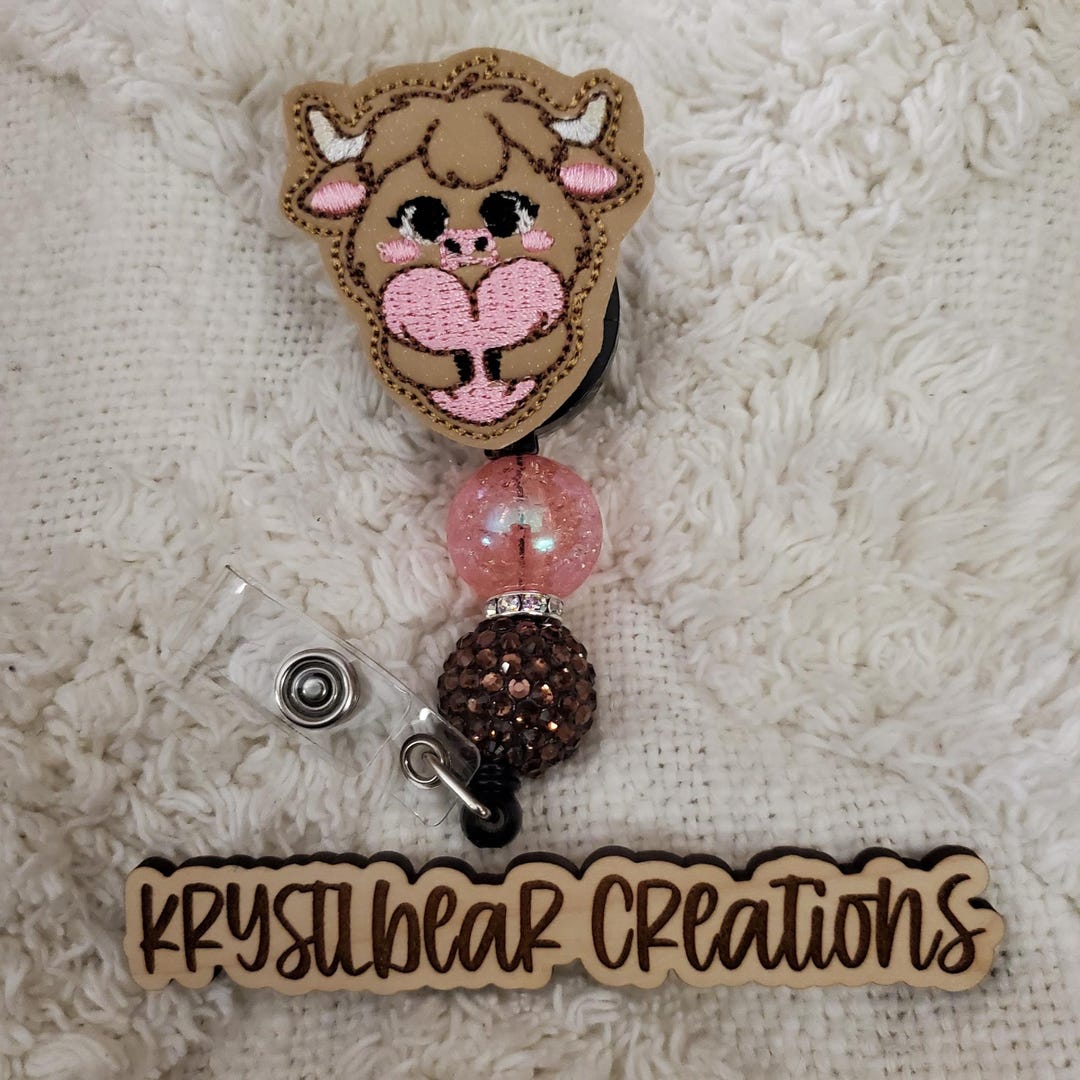 Highland Cow Hugging Beaded Badge Reels Love Valentine Teacher Nurse ...