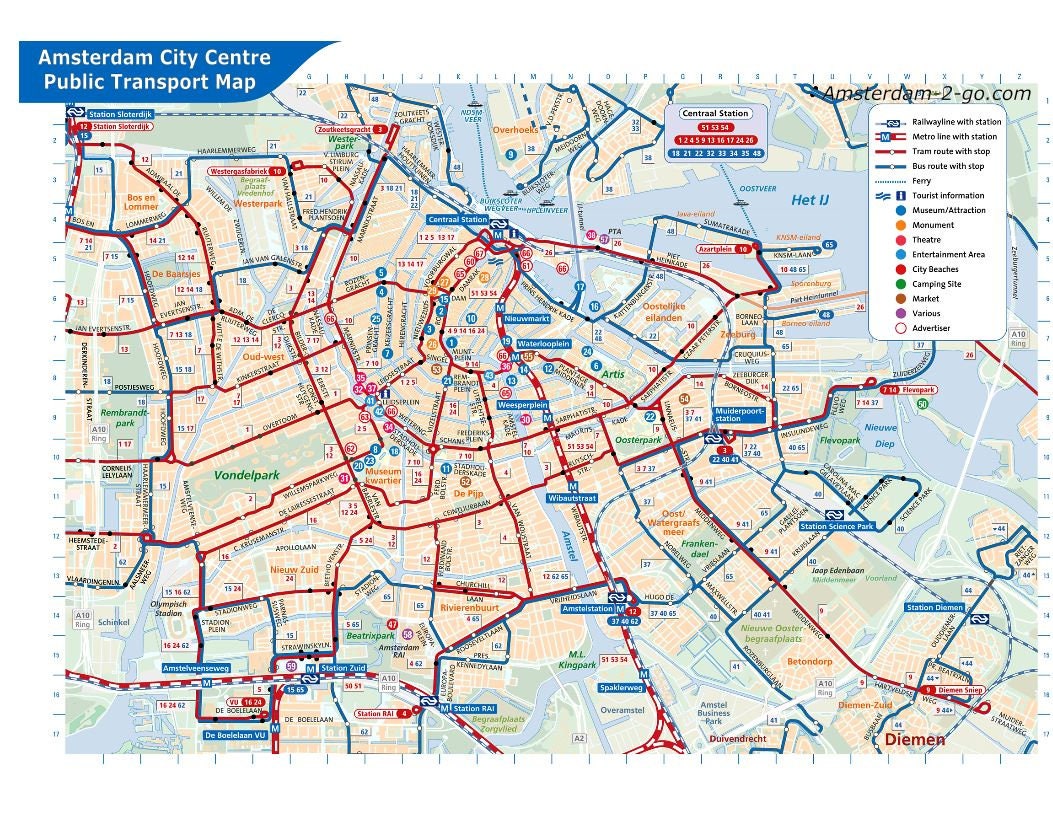Amsterdam Public Transport City Centre Map Large PDF Instant Download Amsterdam Public Transport City Centre Map Large PDF Instant Download