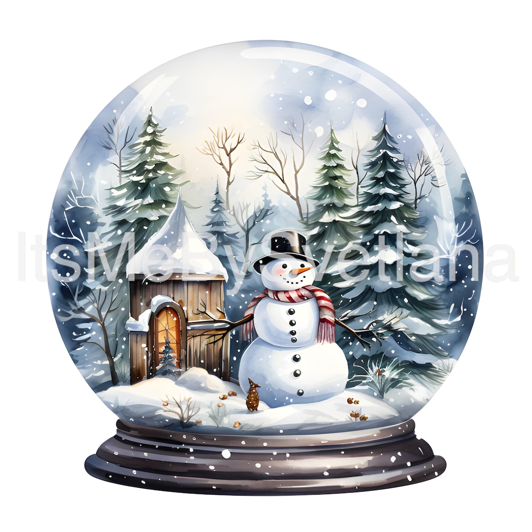 Snowman Snow Globe Clipart: Christmas Watercolor Prints (digital ...