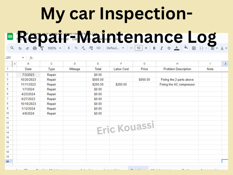 Printable Car Maintenance Log | Vehicle Inspection & Repair Tracker ...